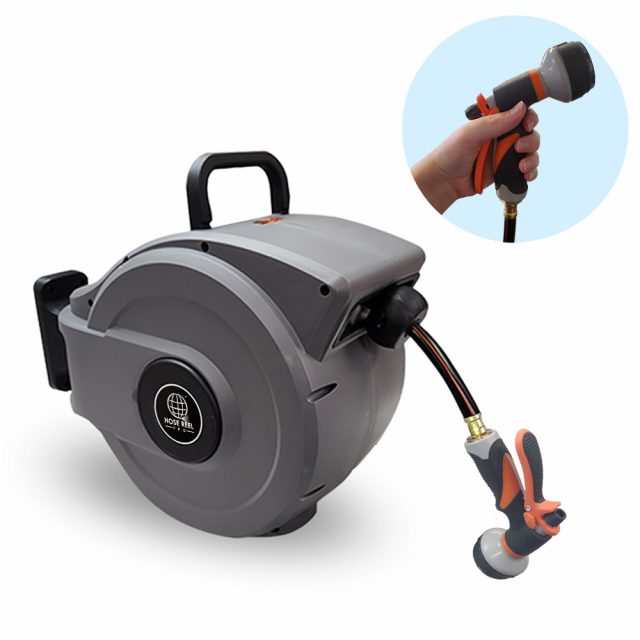 50ft Gray Retractable Garden Hose Reel | Premium Retractable Hose